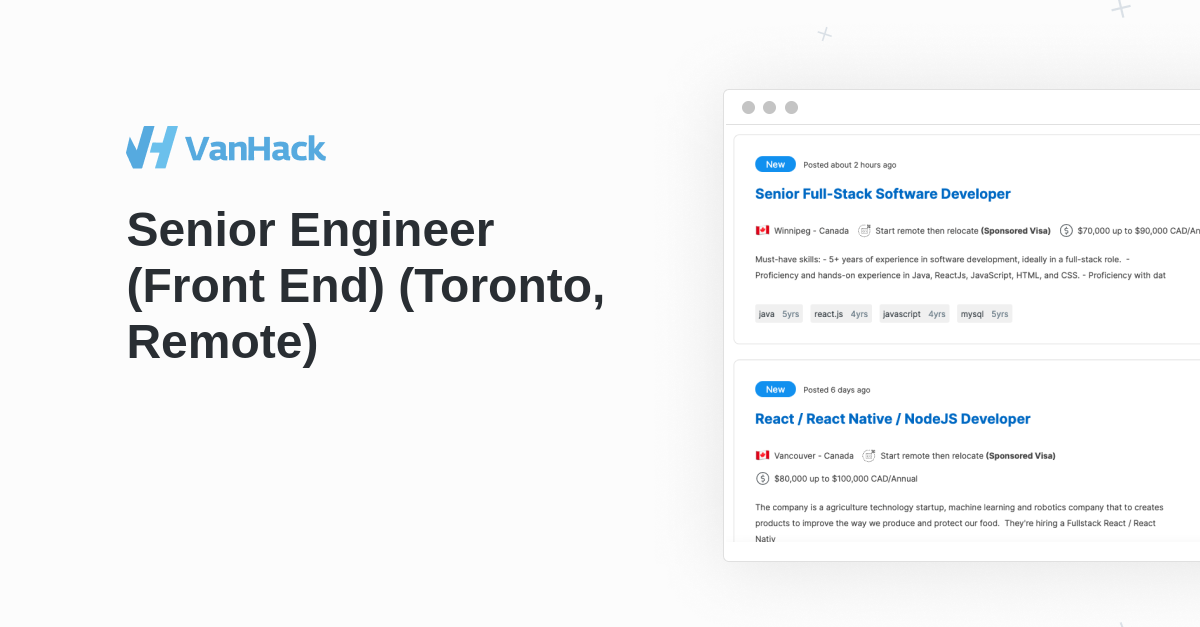Senior Engineer (Front End) (Toronto, Remote) - VanHack